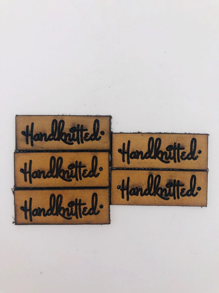 Leather Labels in Cursive – “Handknitted” – Pack of 5 – Knotty Habit