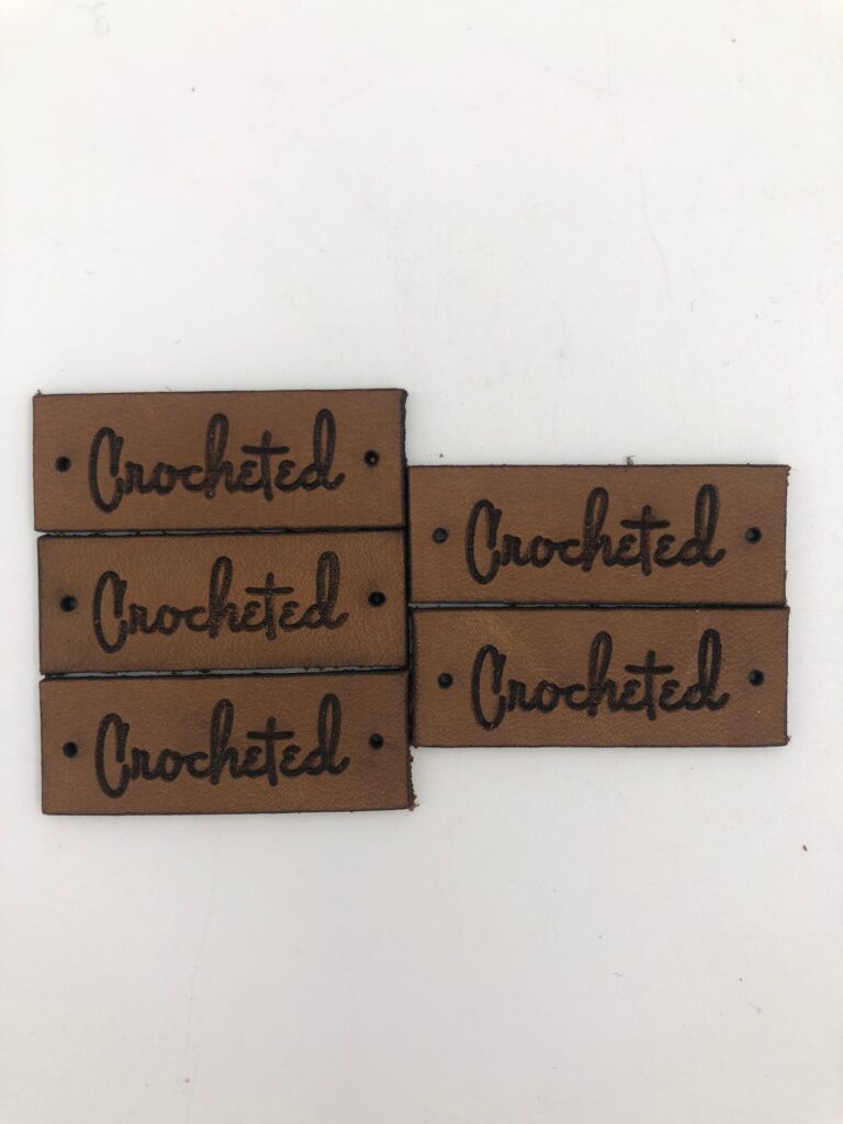 Leather Labels in Cursive- “Crocheted ” – Pack of 5 – Knotty Habit